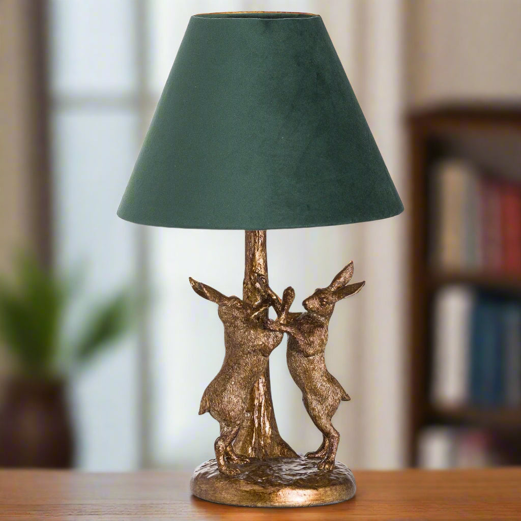 Antique Marching Hares Lamp with Velvet Shade – Own Furniture